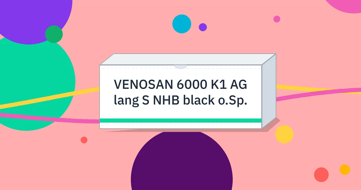 Symbolbild: Packung mit der Aufschrift VENOSAN 6000 K1 AG lang S NHB black o.Sp. (PZN 17171674) – Verfügbarkeit und Bezug in Apotheken in Frankfurt am Main