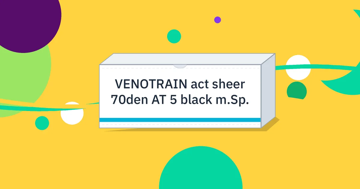 Symbolbild: Packung mit der Aufschrift VENOTRAIN act sheer 70den AT 5 black m.Sp. (PZN 16206873) – Verfügbarkeit und Bezug in Apotheken in Frankfurt am Main