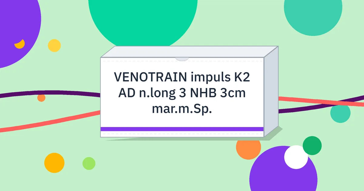 Symbolbild: Packung mit der Aufschrift VENOTRAIN impuls K2 AD n.long 3 NHB 3cm mar.m.Sp. (PZN 15223504) – Verfügbarkeit und Bezug in Apotheken in Frankfurt am Main