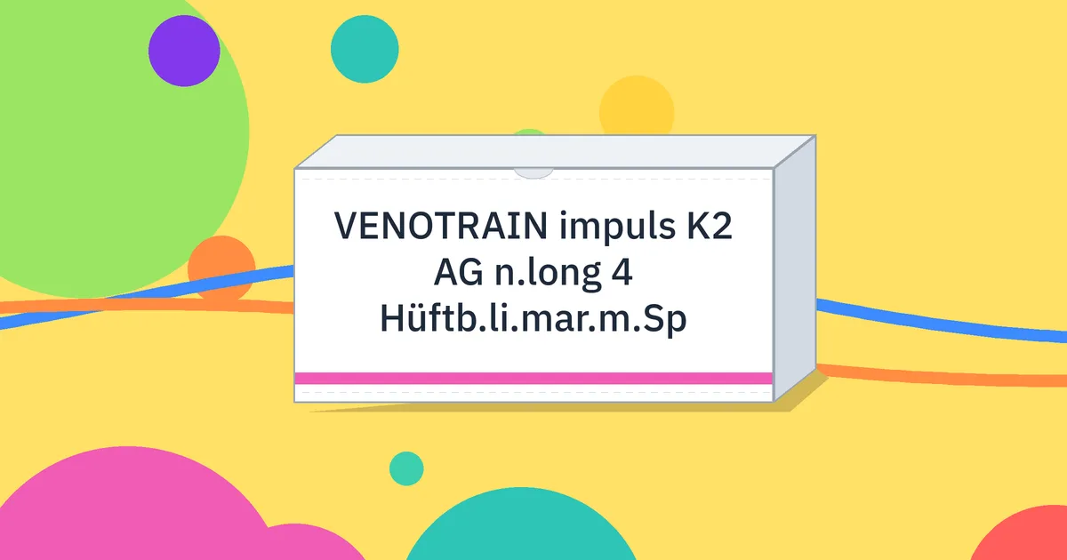 Symbolbild: Packung mit der Aufschrift VENOTRAIN impuls K2 AG n.long 4 Hüftb.li.mar.m.Sp (PZN 15218839) – Verfügbarkeit und Bezug in Apotheken in Frankfurt am Main