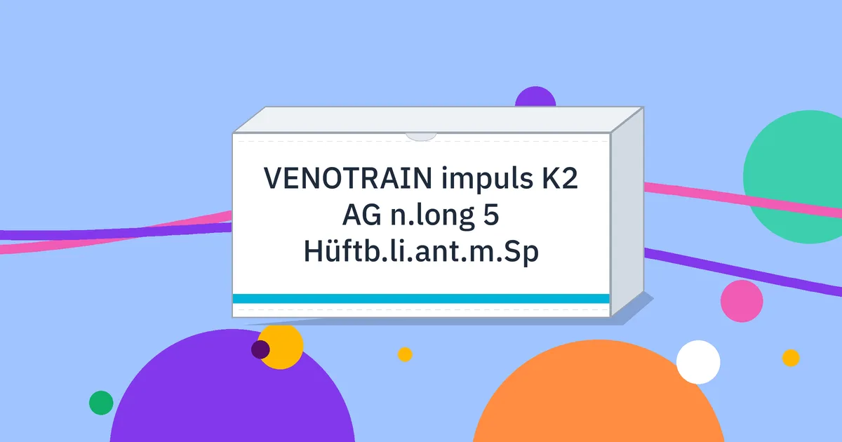 Symbolbild: Packung mit der Aufschrift VENOTRAIN impuls K2 AG n.long 5 Hüftb.li.ant.m.Sp (PZN 15219425) – Verfügbarkeit und Bezug in Apotheken in Frankfurt am Main
