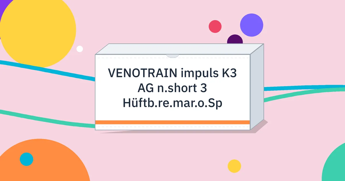 Symbolbild: Packung mit der Aufschrift VENOTRAIN impuls K3 AG n.short 3 Hüftb.re.mar.o.Sp (PZN 15217834) – Verfügbarkeit und Bezug in Apotheken in Frankfurt am Main