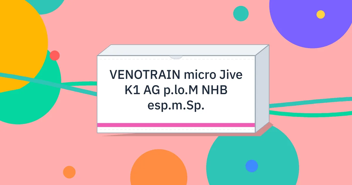 Symbolbild: Packung mit der Aufschrift VENOTRAIN micro Jive K1 AG p.lo.M NHB esp.m.Sp. (PZN 17765847) – Verfügbarkeit und Bezug in Apotheken in Frankfurt am Main