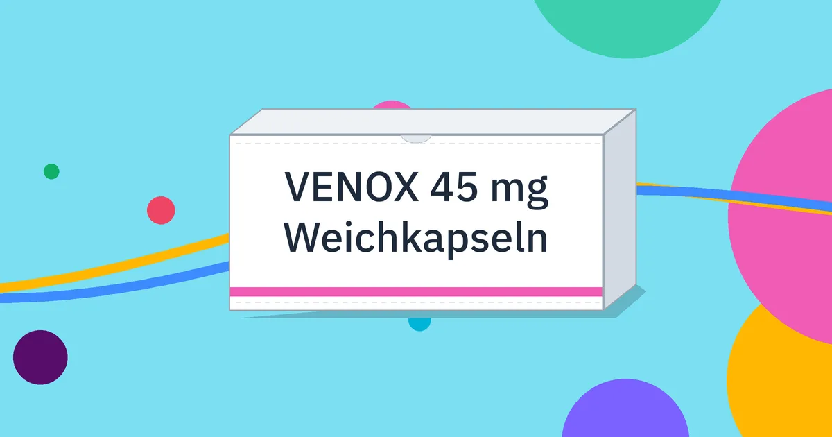 Symbolbild: Packung mit der Aufschrift VENOX 45 mg Weichkapseln (PZN 18673679) – Verfügbarkeit und Bezug in Apotheken in Frankfurt am Main