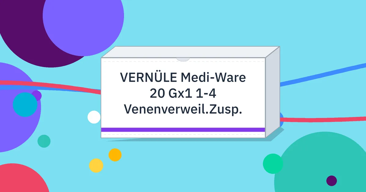 Symbolbild: Packung mit der Aufschrift VERNÜLE Medi-Ware 20 Gx1 1-4 Venenverweil.Zusp. (PZN 04303482) – Verfügbarkeit und Bezug in Apotheken in Frankfurt am Main