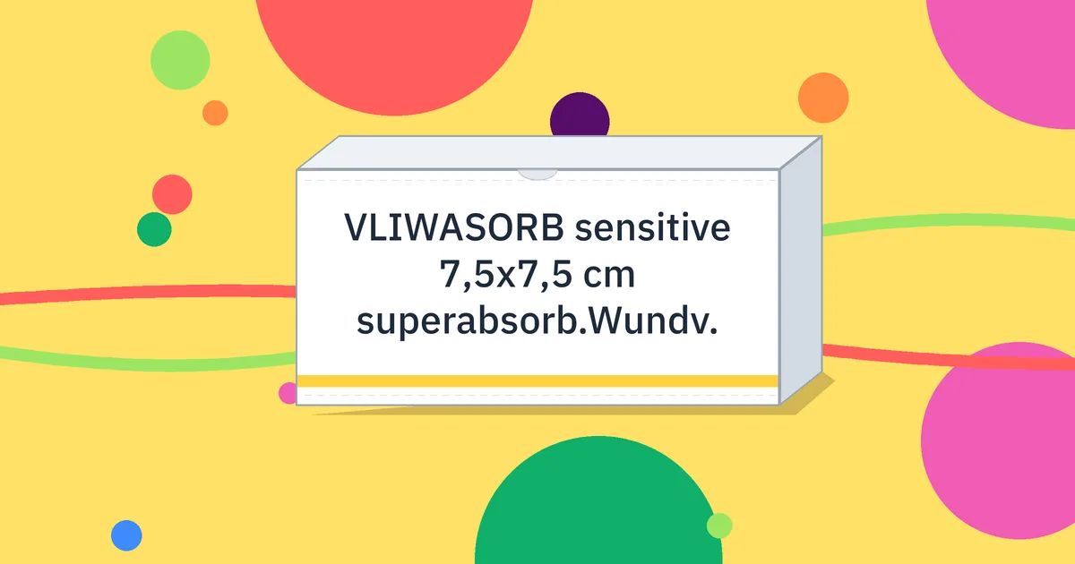 Symbolbild: Packung mit der Aufschrift VLIWASORB sensitive 7,5x7,5 cm superabsorb.Wundv. (PZN 19763367) – Verfügbarkeit und Bezug in Apotheken in Frankfurt am Main