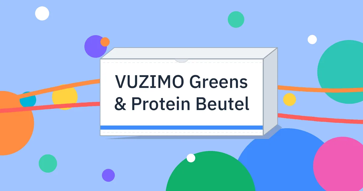 Symbolbild: Packung mit der Aufschrift VUZIMO Greens & Protein Beutel (PZN 20914340) – Verfügbarkeit und Bezug in Apotheken in Frankfurt am Main