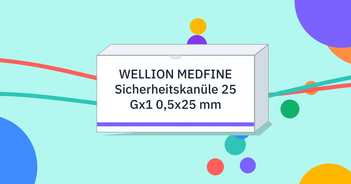 Symbolbild: Packung mit der Aufschrift WELLION MEDFINE Sicherheitskanüle 25 Gx1 0,5x25 mm (PZN 17261472) – Verfügbarkeit und Bezug in Apotheken in Frankfurt am Main