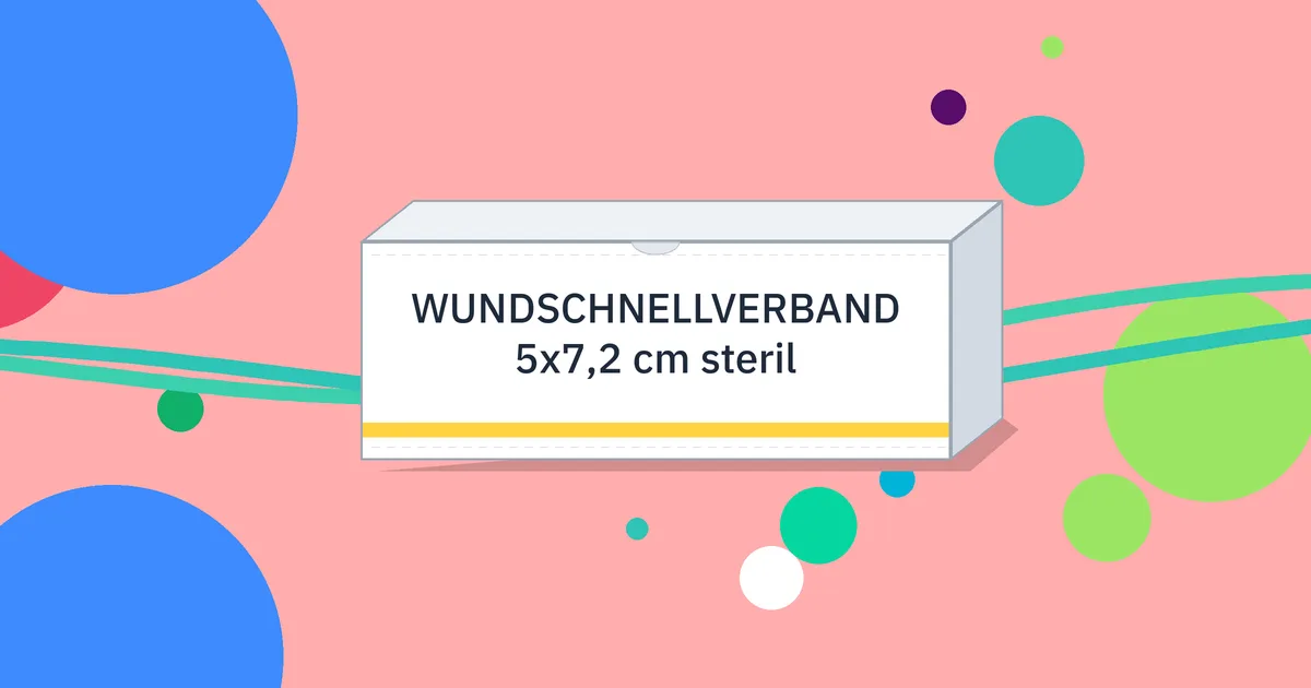 Symbolbild: Packung mit der Aufschrift WUNDSCHNELLVERBAND 5x7,2 cm steril (PZN 20123615) – Verfügbarkeit und Bezug in Apotheken in Frankfurt am Main