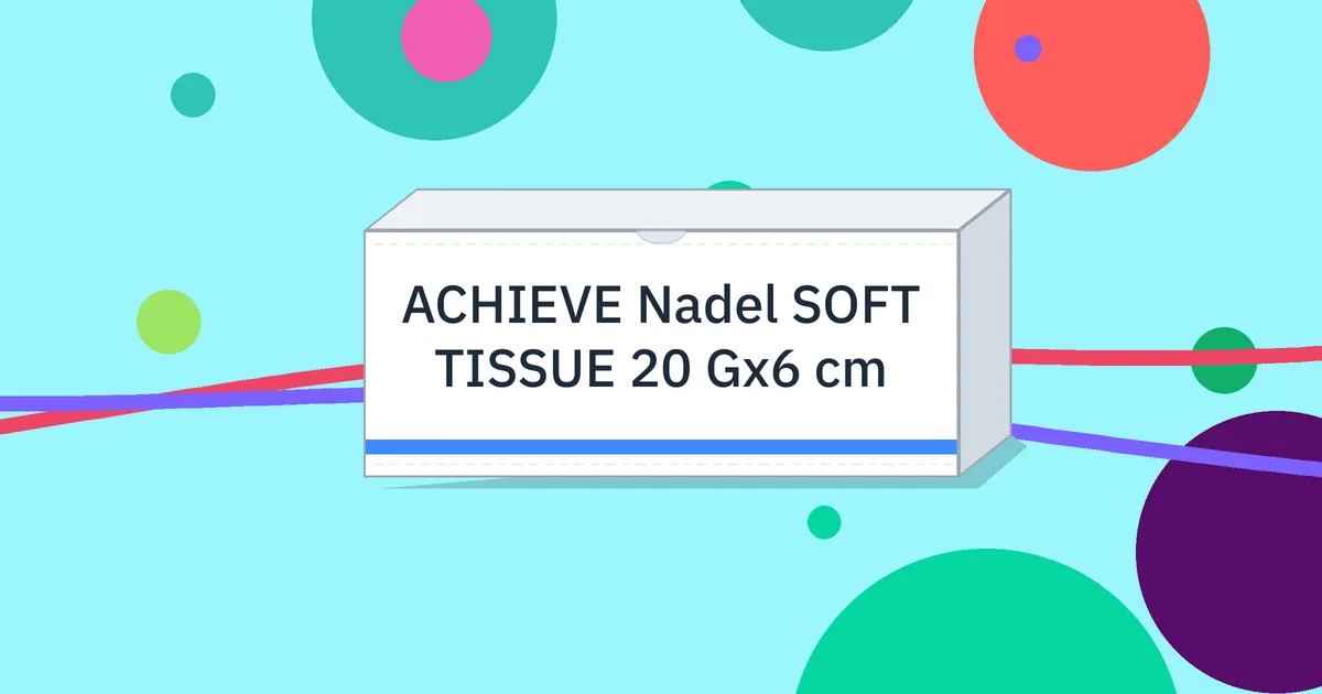 Symbolbild: Packung mit der Aufschrift ACHIEVE Nadel SOFT TISSUE 20 Gx6 cm (PZN 18763595) – Verfügbarkeit und Bezug in Apotheken in Frankfurt am Main