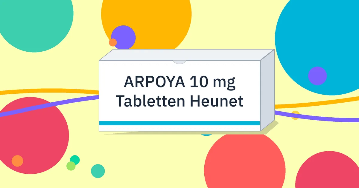 Symbolbild: Packung mit der Aufschrift ARPOYA 10 mg Tabletten Heunet (PZN 13876917) – Verfügbarkeit und Bezug in Apotheken in Frankfurt am Main