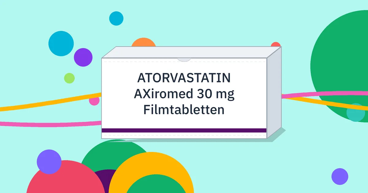 Symbolbild: Packung mit der Aufschrift ATORVASTATIN AXiromed 30 mg Filmtabletten (PZN 18488723) – Verfügbarkeit und Bezug in Apotheken in Frankfurt am Main