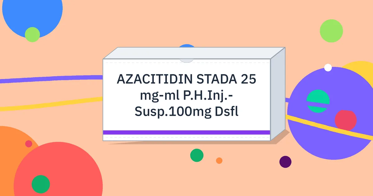 Symbolbild: Packung mit der Aufschrift AZACITIDIN STADA 25 mg-ml P.H.Inj.-Susp.100mg Dsfl (PZN 16567631) – Verfügbarkeit und Bezug in Apotheken in Frankfurt am Main