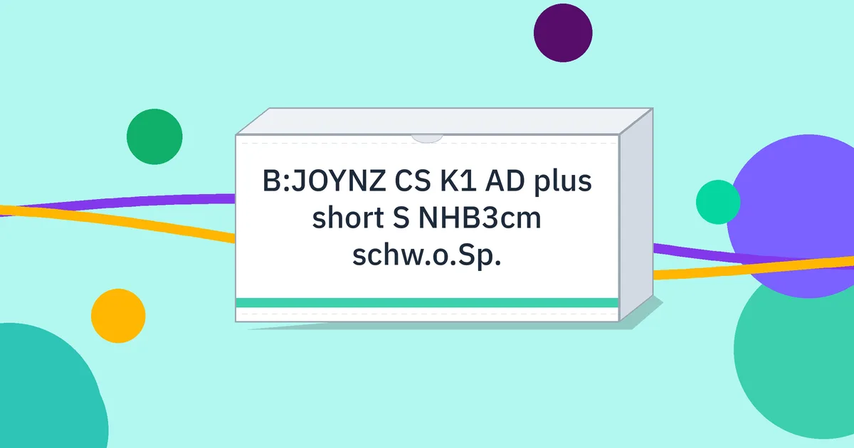 Symbolbild: Packung mit der Aufschrift B:JOYNZ CS K1 AD plus short S NHB3cm schw.o.Sp. (PZN 20529754) – Verfügbarkeit und Bezug in Apotheken in Frankfurt am Main