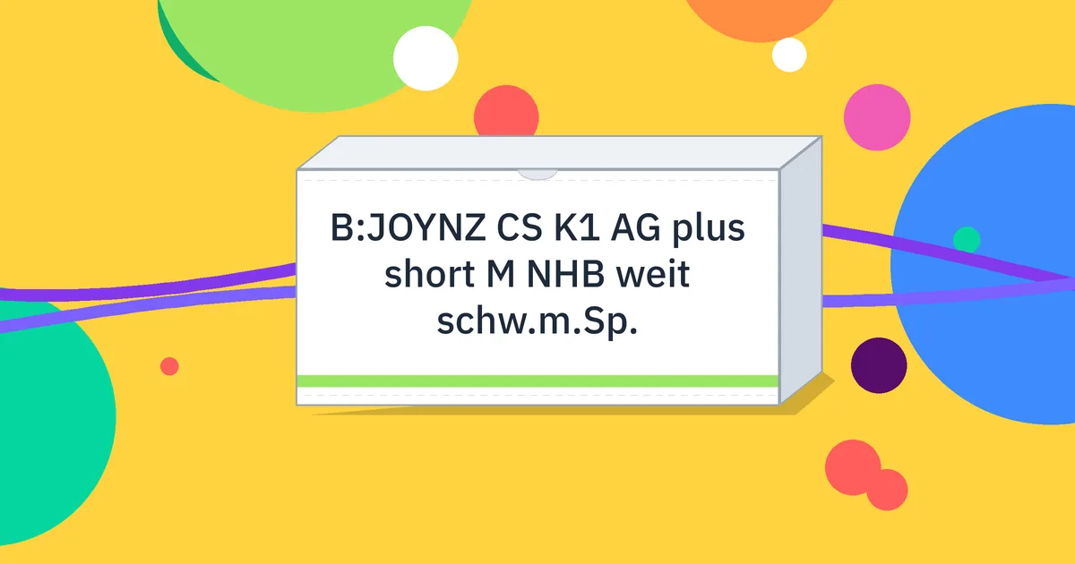 Symbolbild: Packung mit der Aufschrift B:JOYNZ CS K1 AG plus short M NHB weit schw.m.Sp. (PZN 20532360) – Verfügbarkeit und Bezug in Apotheken in Frankfurt am Main