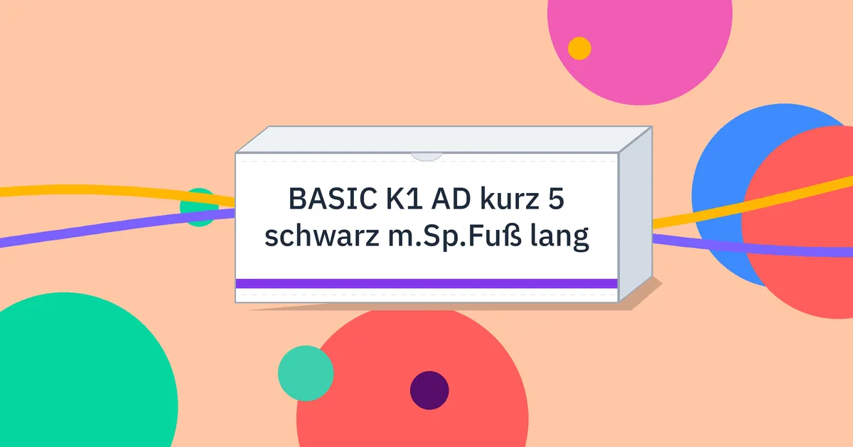 Symbolbild: Packung mit der Aufschrift BASIC K1 AD kurz 5 schwarz m.Sp.Fuß lang (PZN 20258663) – Verfügbarkeit und Bezug in Apotheken in Frankfurt am Main