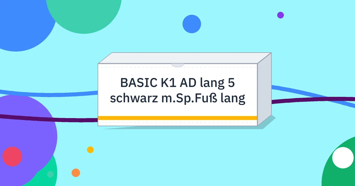 Symbolbild: Packung mit der Aufschrift BASIC K1 AD lang 5 schwarz m.Sp.Fuß lang (PZN 20258628) – Verfügbarkeit und Bezug in Apotheken in Frankfurt am Main