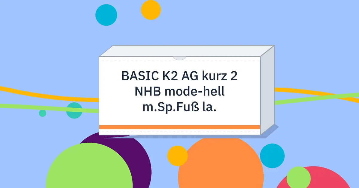 Symbolbild: Packung mit der Aufschrift BASIC K2 AG kurz 2 NHB mode-hell m.Sp.Fuß la. (PZN 20266697) – Verfügbarkeit und Bezug in Apotheken in Frankfurt am Main