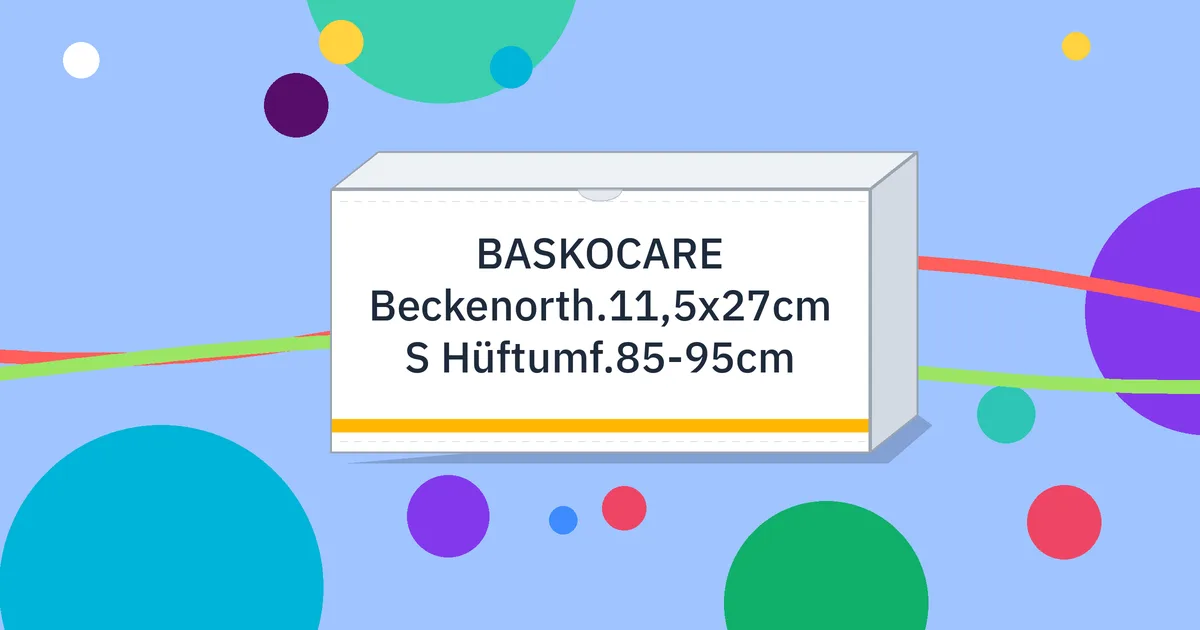Symbolbild: Packung mit der Aufschrift BASKOCARE Beckenorth.11,5x27cm S Hüftumf.85-95cm (PZN 14047784) – Verfügbarkeit und Bezug in Apotheken in Frankfurt am Main