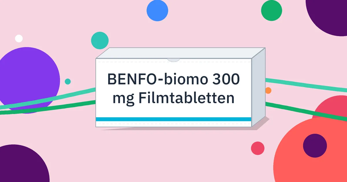 Symbolbild: Packung mit der Aufschrift BENFO-biomo 300 mg Filmtabletten (PZN 17640100) – Verfügbarkeit und Bezug in Apotheken in Frankfurt am Main