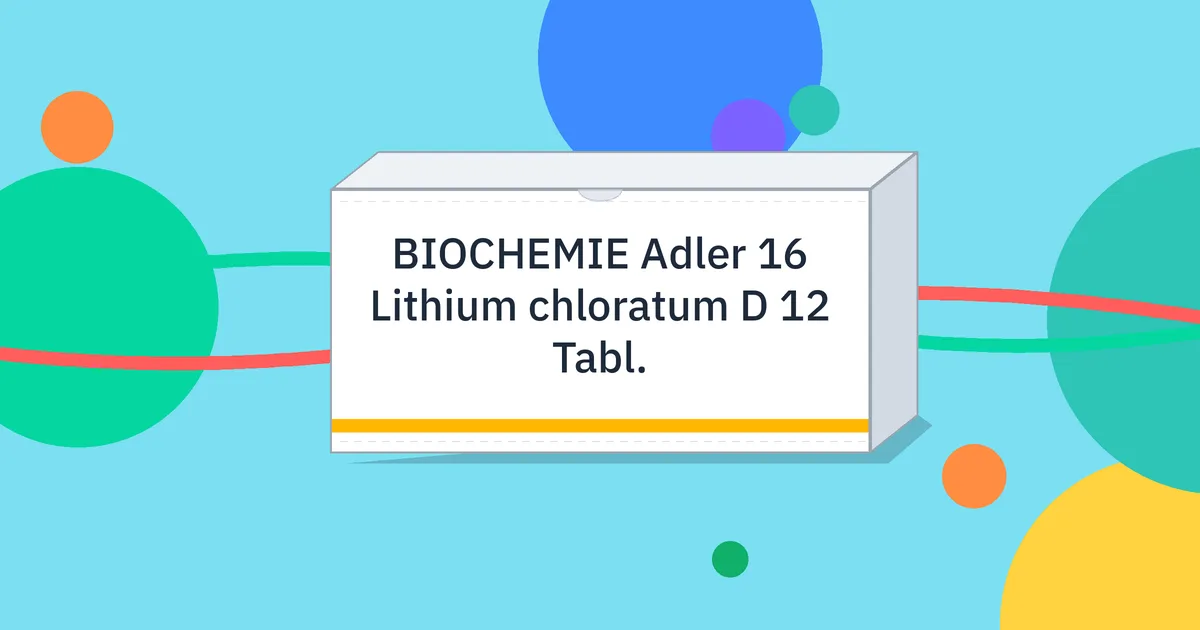 Symbolbild: Packung mit der Aufschrift BIOCHEMIE Adler 16 Lithium chloratum D 12 Tabl. (PZN 00833438) – Verfügbarkeit und Bezug in Apotheken in Frankfurt am Main