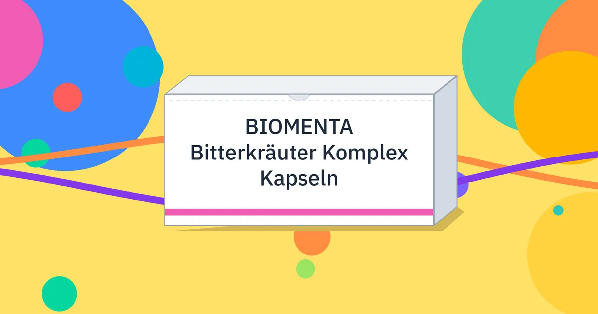 Symbolbild: Packung mit der Aufschrift BIOMENTA Bitterkräuter Komplex Kapseln (PZN 19972585) – Verfügbarkeit und Bezug in Apotheken in Frankfurt am Main