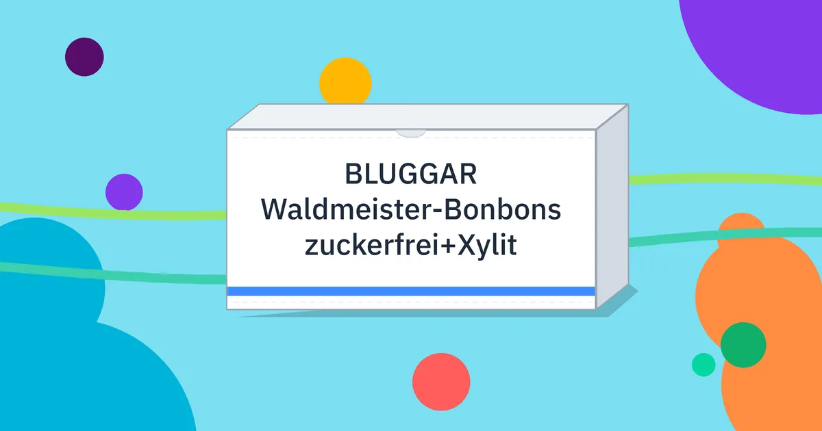 Symbolbild: Packung mit der Aufschrift BLUGGAR Waldmeister-Bonbons zuckerfrei+Xylit (PZN 20604817) – Verfügbarkeit und Bezug in Apotheken in Frankfurt am Main