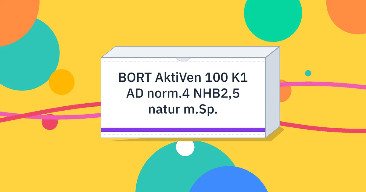 Symbolbild: Packung mit der Aufschrift BORT AktiVen 100 K1 AD norm.4 NHB2,5 natur m.Sp. (PZN 17498412) – Verfügbarkeit und Bezug in Apotheken in Frankfurt am Main