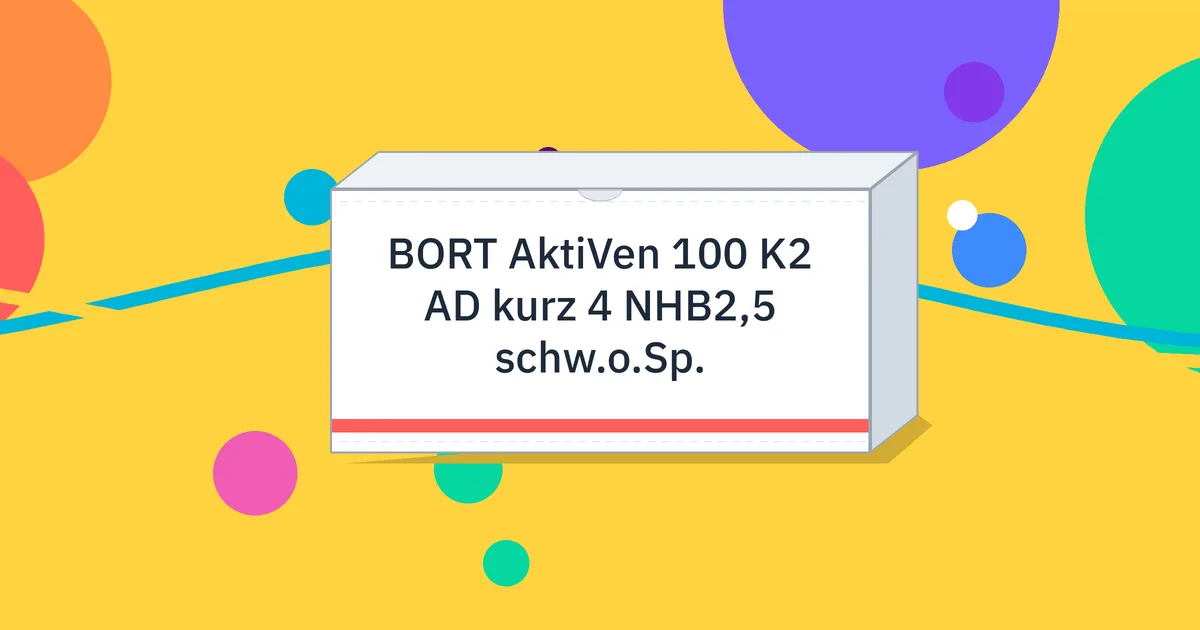 Symbolbild: Packung mit der Aufschrift BORT AktiVen 100 K2 AD kurz 4 NHB2,5 schw.o.Sp. (PZN 17501717) – Verfügbarkeit und Bezug in Apotheken in Frankfurt am Main