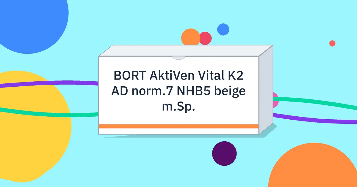 Symbolbild: Packung mit der Aufschrift BORT AktiVen Vital K2 AD norm.7 NHB5 beige m.Sp. (PZN 17494348) – Verfügbarkeit und Bezug in Apotheken in Frankfurt am Main