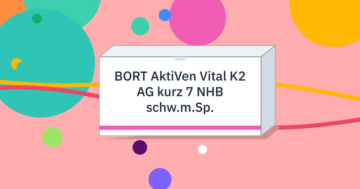 Symbolbild: Packung mit der Aufschrift BORT AktiVen Vital K2 AG kurz 7 NHB schw.m.Sp. (PZN 12385123) – Verfügbarkeit und Bezug in Apotheken in Frankfurt am Main