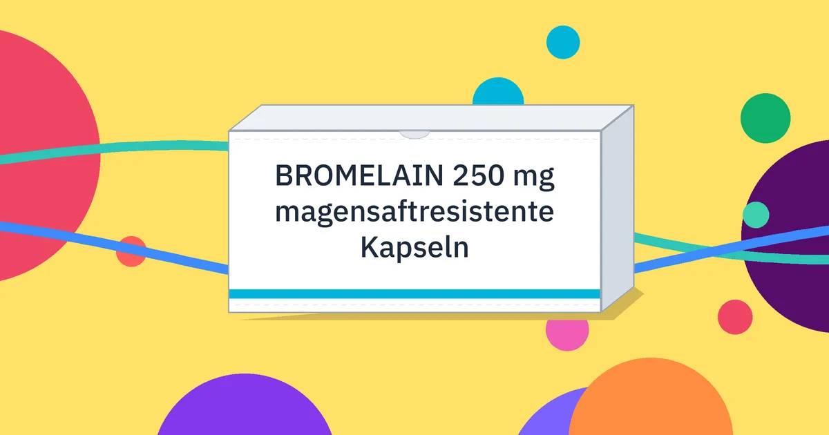 Symbolbild: Packung mit der Aufschrift BROMELAIN 250 mg magensaftresistente Kapseln (PZN 11376292) – Verfügbarkeit und Bezug in Apotheken in Frankfurt am Main