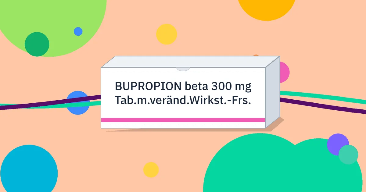 Symbolbild: Packung mit der Aufschrift BUPROPION beta 300 mg Tab.m.veränd.Wirkst.-Frs. (PZN 02055577) – Verfügbarkeit und Bezug in Apotheken in Frankfurt am Main