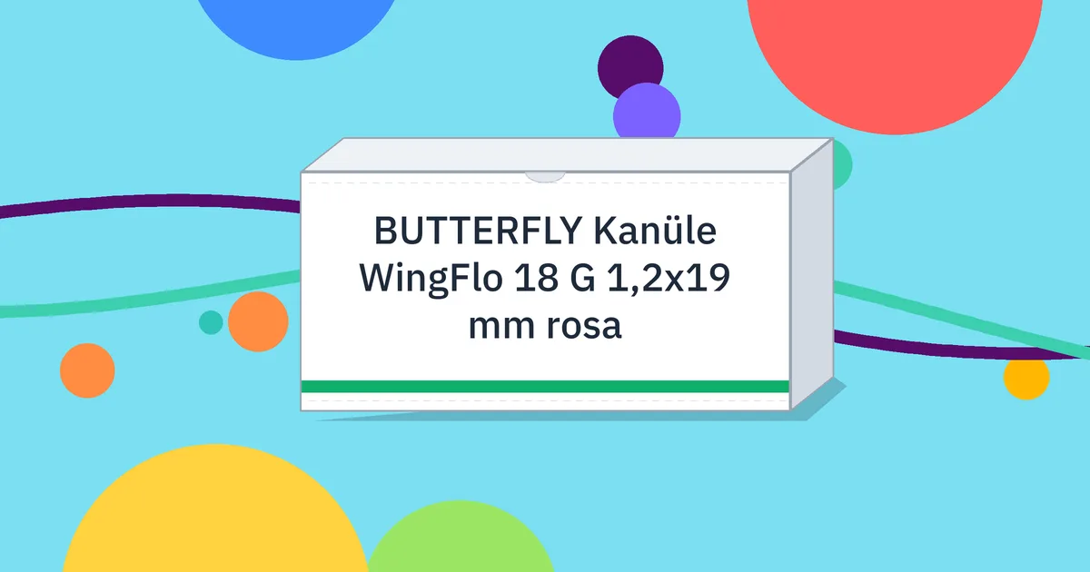 Symbolbild: Packung mit der Aufschrift BUTTERFLY Kanüle WingFlo 18 G 1,2x19 mm rosa (PZN 18054901) – Verfügbarkeit und Bezug in Apotheken in Frankfurt am Main