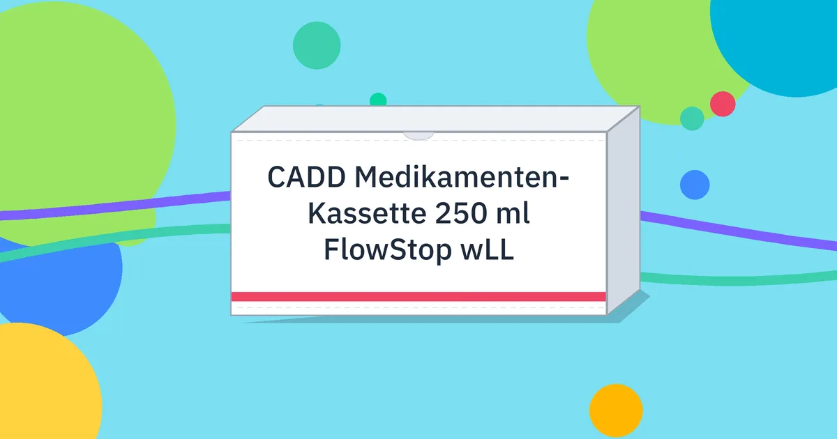 Symbolbild: Packung mit der Aufschrift CADD Medikamenten-Kassette 250 ml FlowStop wLL (PZN 15434885) – Verfügbarkeit und Bezug in Apotheken in Frankfurt am Main