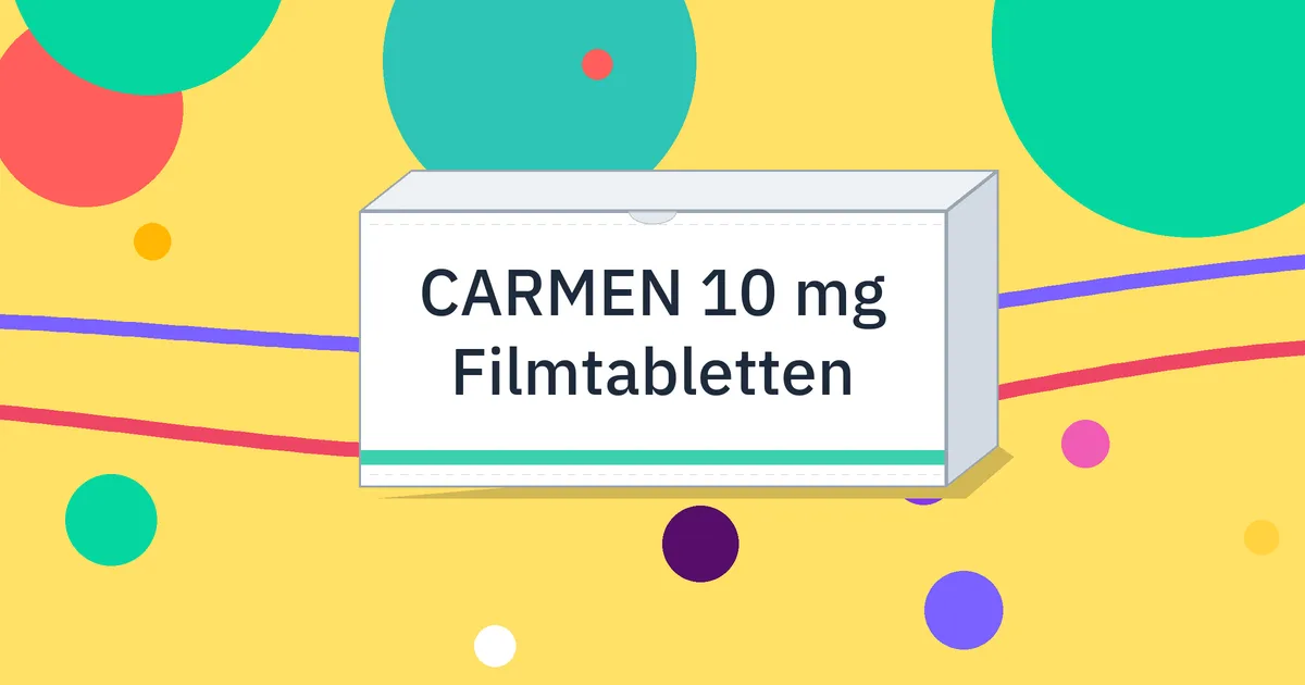 Symbolbild: Packung mit der Aufschrift CARMEN 10 mg Filmtabletten (PZN 01339806) – Verfügbarkeit und Bezug in Apotheken in Frankfurt am Main