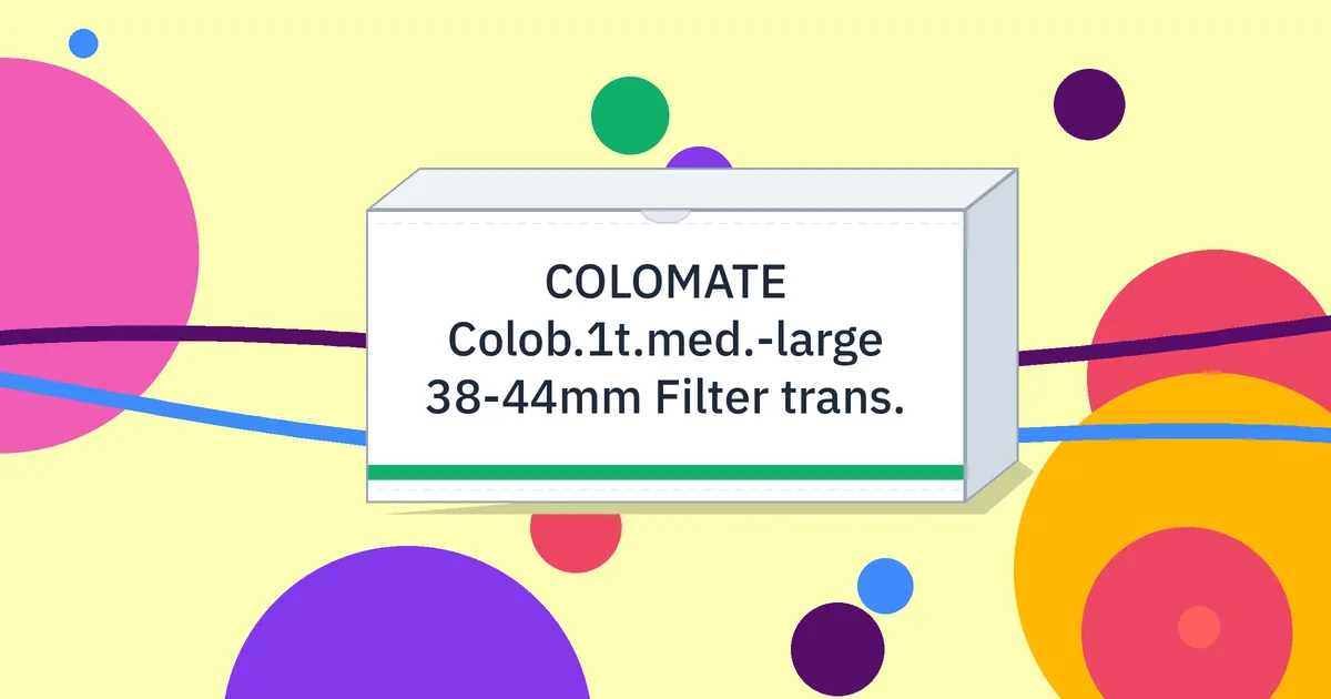 Symbolbild: Packung mit der Aufschrift COLOMATE Colob.1t.med.-large 38-44mm Filter trans. (PZN 10098425) – Verfügbarkeit und Bezug in Apotheken in Frankfurt am Main