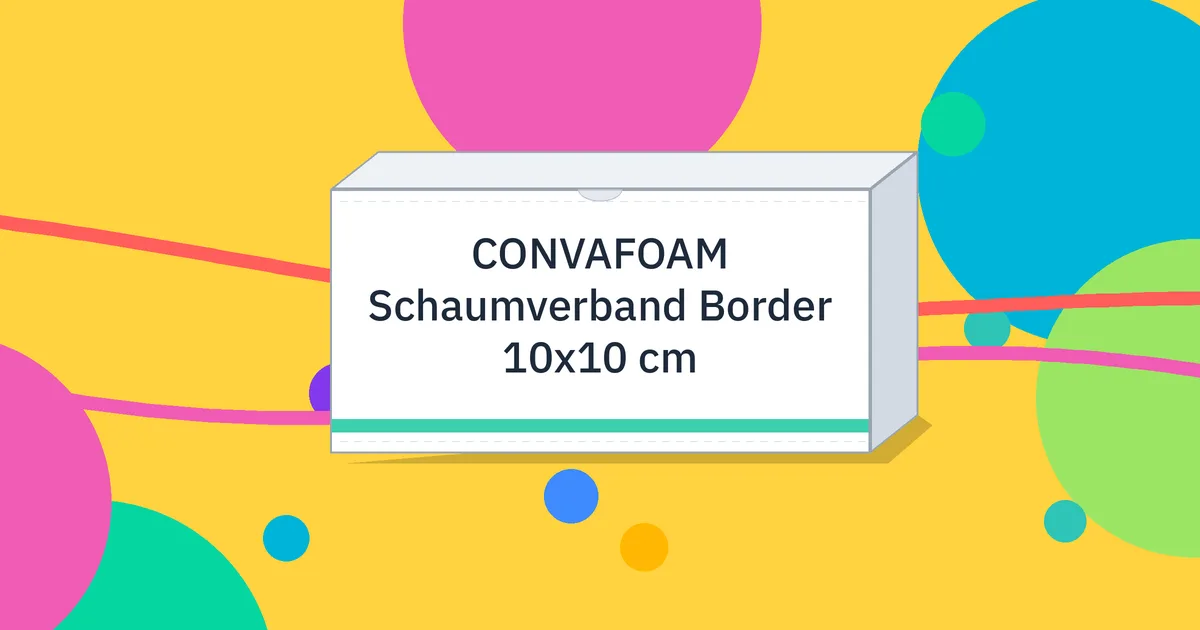 Symbolbild: Packung mit der Aufschrift CONVAFOAM Schaumverband Border 10x10 cm (PZN 20629303) – Verfügbarkeit und Bezug in Apotheken in Frankfurt am Main