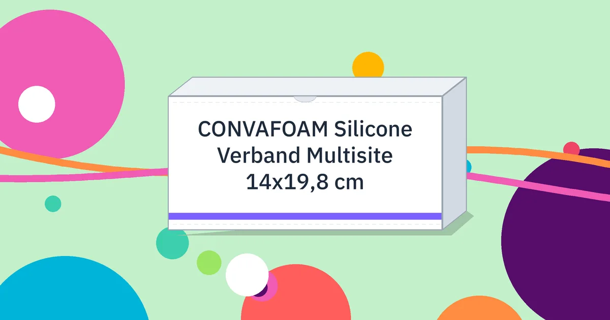 Symbolbild: Packung mit der Aufschrift CONVAFOAM Silicone Verband Multisite 14x19,8 cm (PZN 18900046) – Verfügbarkeit und Bezug in Apotheken in Frankfurt am Main