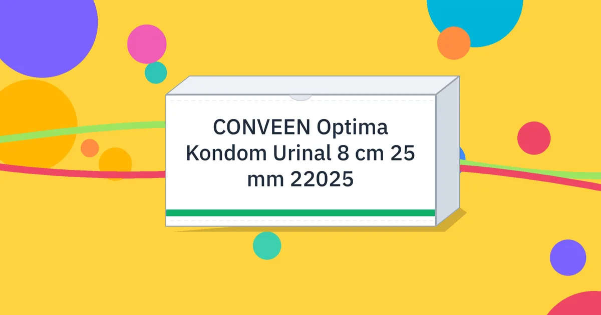 Symbolbild: Packung mit der Aufschrift CONVEEN Optima Kondom Urinal 8 cm 25 mm 22025 (PZN 02294313) – Verfügbarkeit und Bezug in Apotheken in Frankfurt am Main
