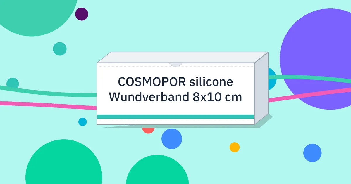 Symbolbild: Packung mit der Aufschrift COSMOPOR silicone Wundverband 8x10 cm (PZN 20573755) – Verfügbarkeit und Bezug in Apotheken in Frankfurt am Main