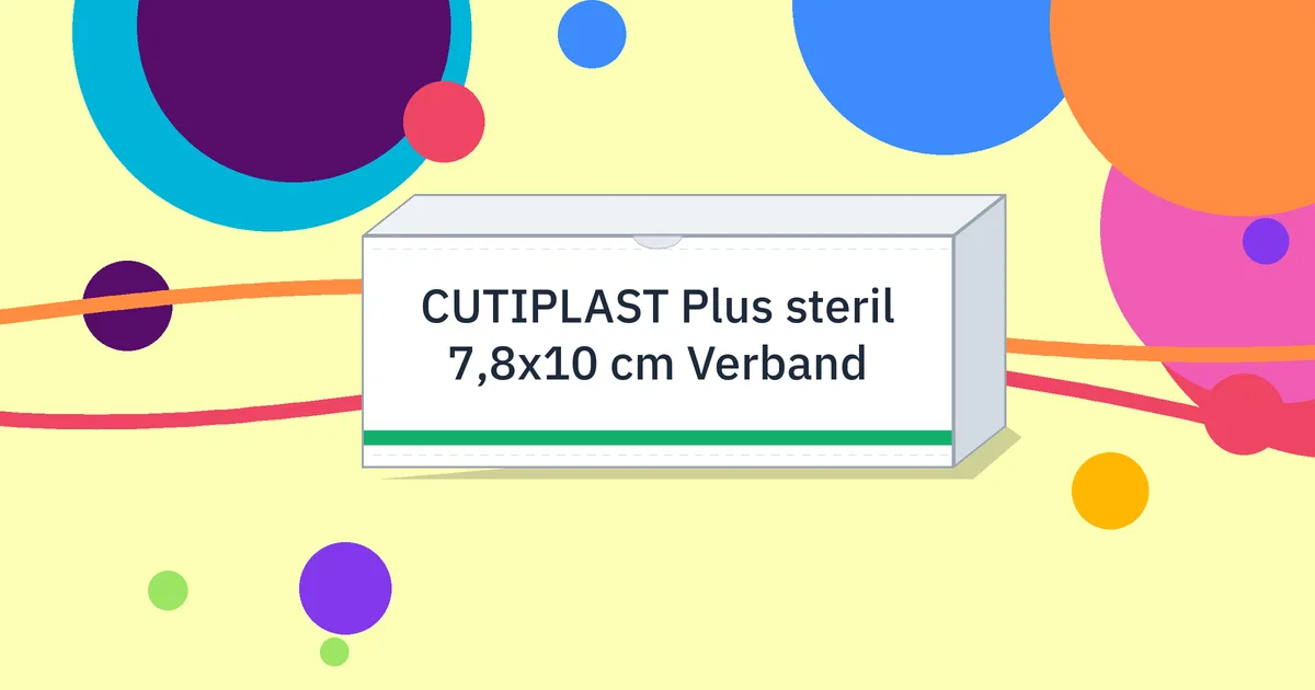 Symbolbild: Packung mit der Aufschrift CUTIPLAST Plus steril 7,8x10 cm Verband (PZN 10230439) – Verfügbarkeit und Bezug in Apotheken in Frankfurt am Main