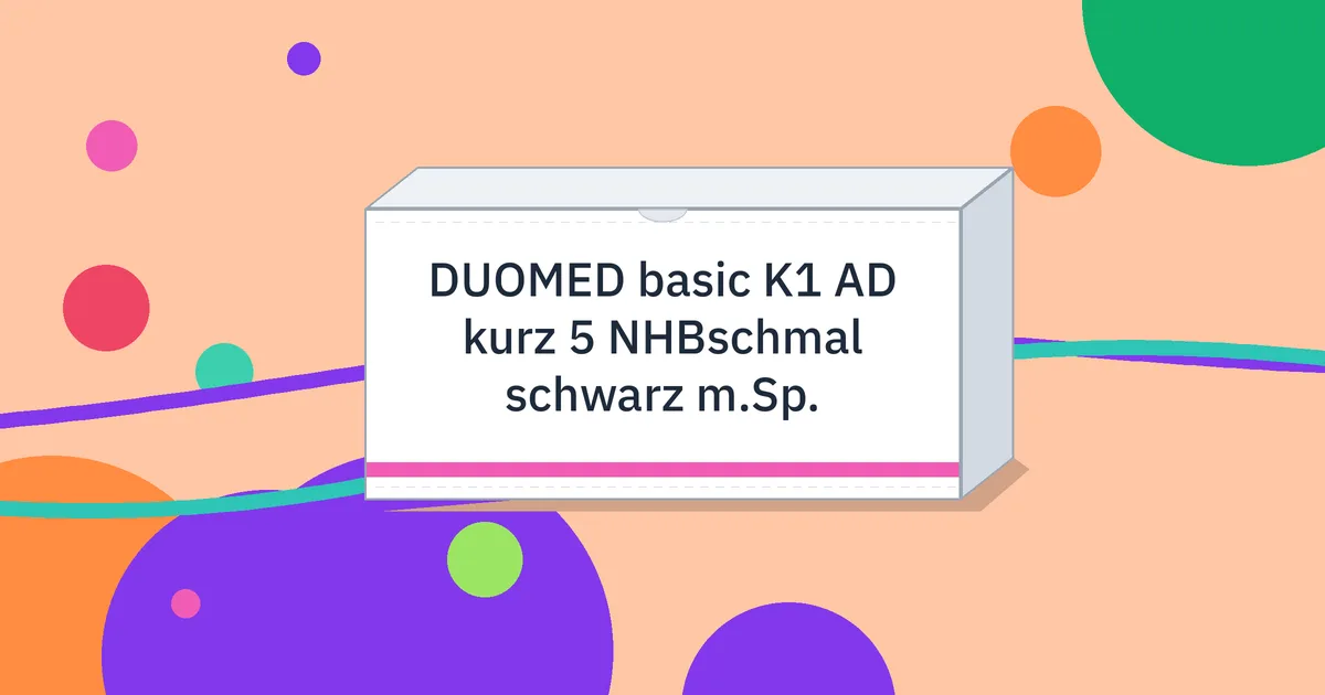 Symbolbild: Packung mit der Aufschrift DUOMED basic K1 AD kurz 5 NHBschmal schwarz m.Sp. (PZN 20904502) – Verfügbarkeit und Bezug in Apotheken in Frankfurt am Main