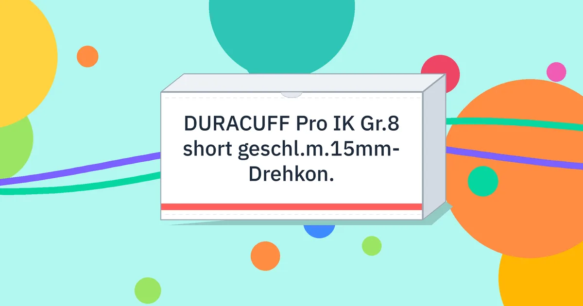 Symbolbild: Packung mit der Aufschrift DURACUFF Pro IK Gr.8 short geschl.m.15mm-Drehkon. (PZN 19244816) – Verfügbarkeit und Bezug in Apotheken in Frankfurt am Main
