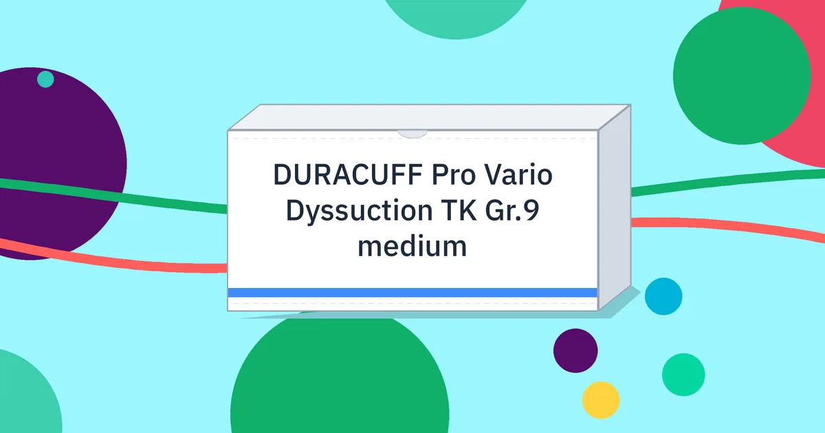 Symbolbild: Packung mit der Aufschrift DURACUFF Pro Vario Dyssuction TK Gr.9 medium (PZN 20088209) – Verfügbarkeit und Bezug in Apotheken in Frankfurt am Main