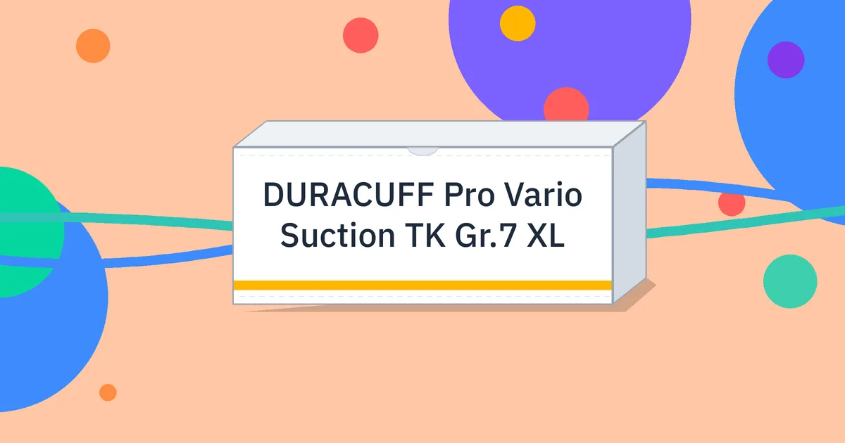 Symbolbild: Packung mit der Aufschrift DURACUFF Pro Vario Suction TK Gr.7 XL (PZN 19245951) – Verfügbarkeit und Bezug in Apotheken in Frankfurt am Main