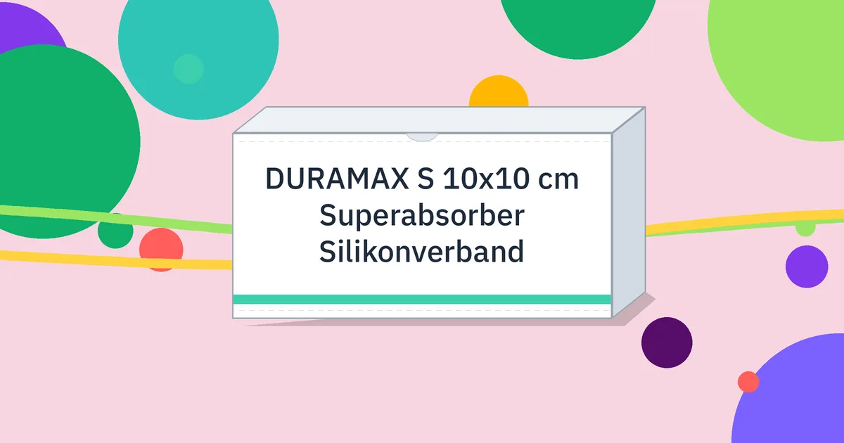 Symbolbild: Packung mit der Aufschrift DURAMAX S 10x10 cm Superabsorber Silikonverband (PZN 20109041) – Verfügbarkeit und Bezug in Apotheken in Frankfurt am Main