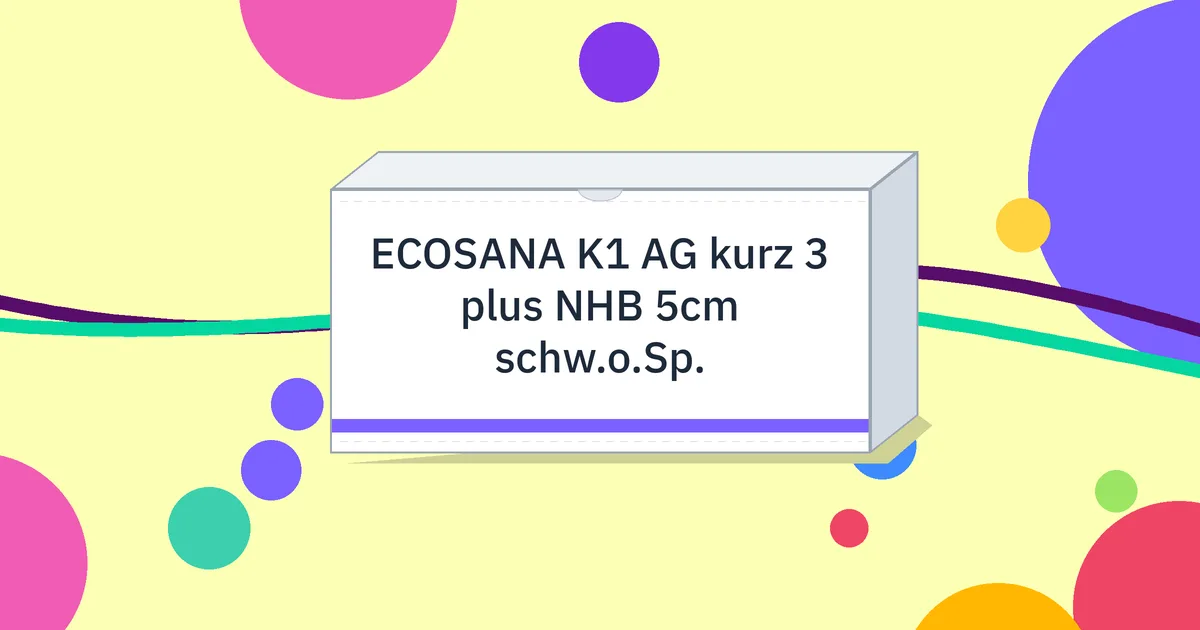 Symbolbild: Packung mit der Aufschrift ECOSANA K1 AG kurz 3 plus NHB 5cm schw.o.Sp. (PZN 04727348) – Verfügbarkeit und Bezug in Apotheken in Frankfurt am Main