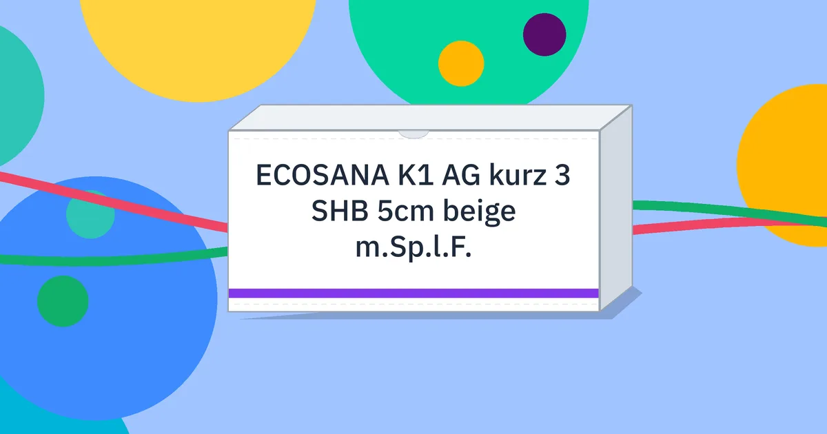 Symbolbild: Packung mit der Aufschrift ECOSANA K1 AG kurz 3 SHB 5cm beige m.Sp.l.F. (PZN 04727549) – Verfügbarkeit und Bezug in Apotheken in Frankfurt am Main