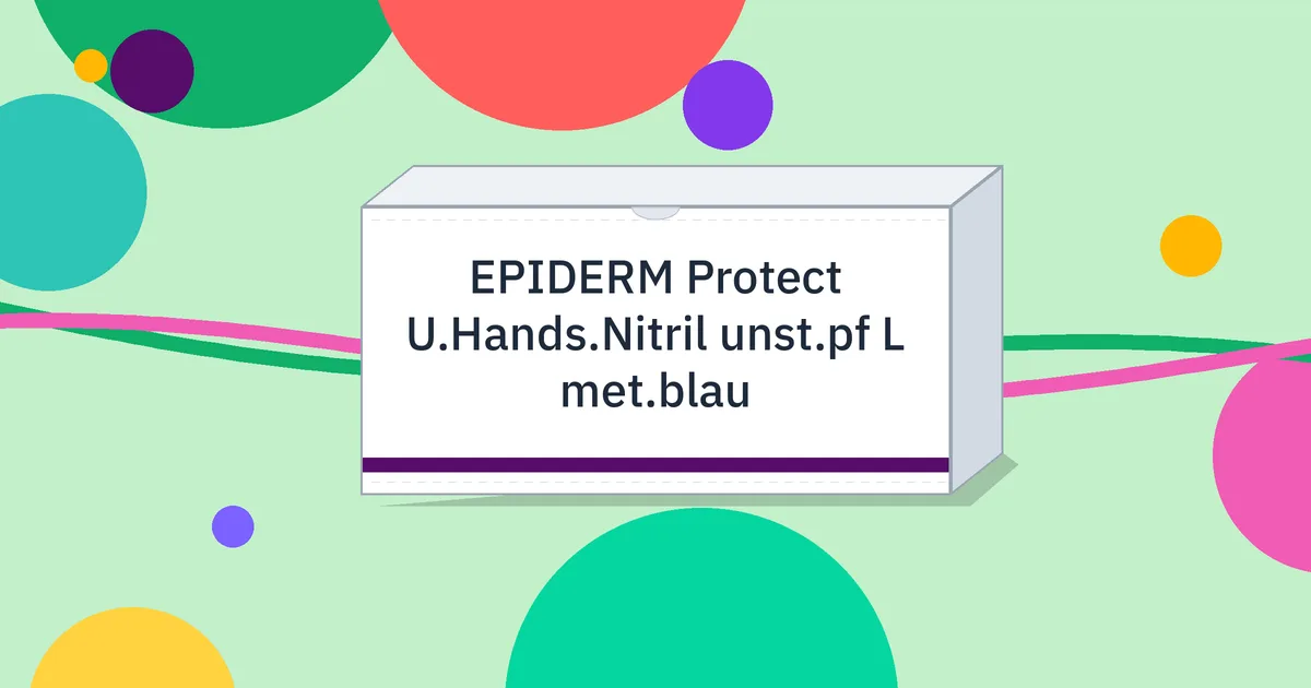 Symbolbild: Packung mit der Aufschrift EPIDERM Protect U.Hands.Nitril unst.pf L met.blau (PZN 16685804) – Verfügbarkeit und Bezug in Apotheken in Frankfurt am Main